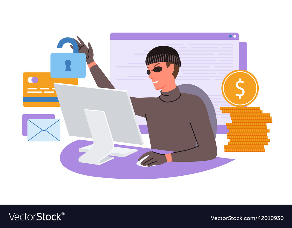 Cartoon hacker using computer criminal stealing Vector Image