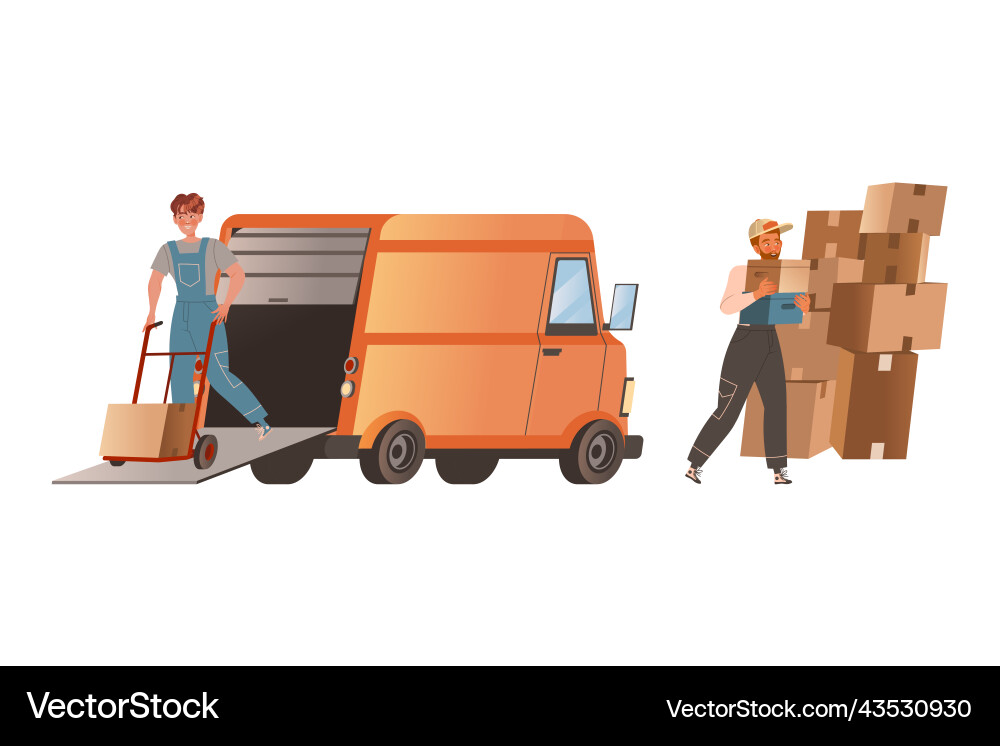 Male loaders in overalls unloading cardboard boxes