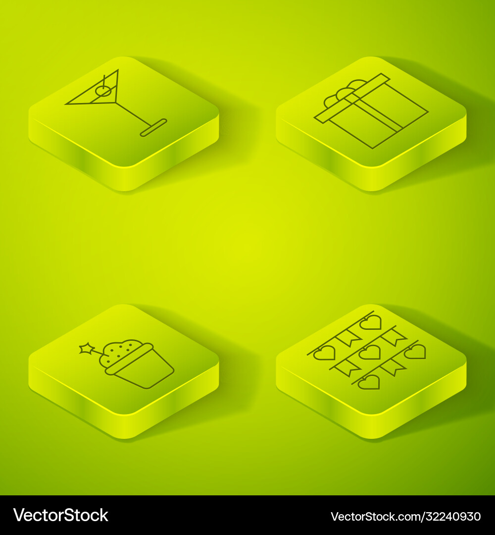 Set isometric gift box cake carnival garland Vector Image