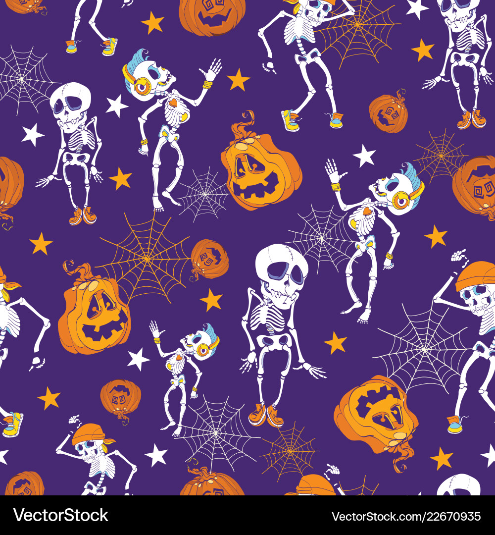 Purple halloween skeletons and pumpkins pattern Vector Image
