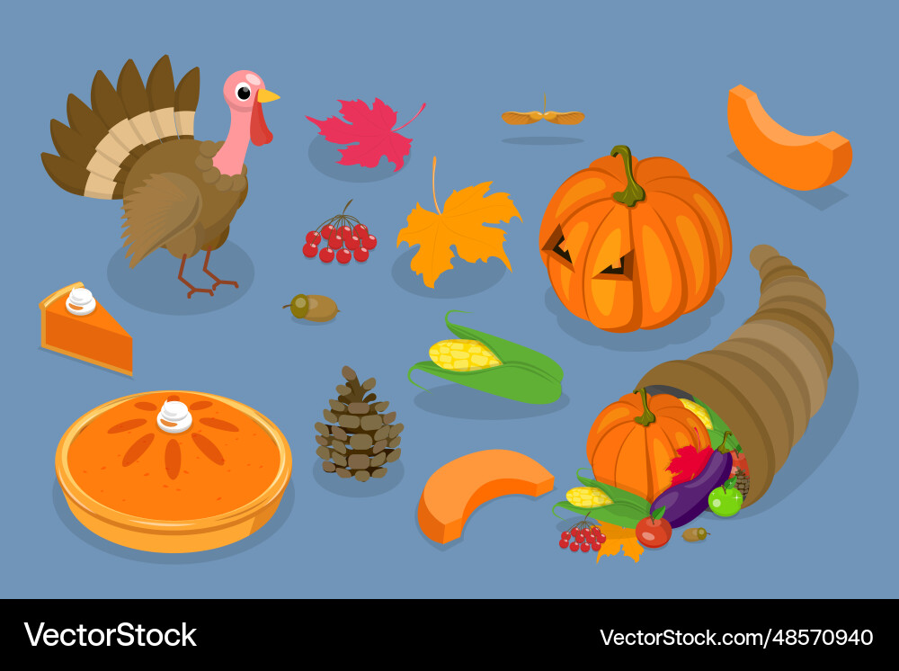 3d isometric flat set of thanksgiving Royalty Free Vector