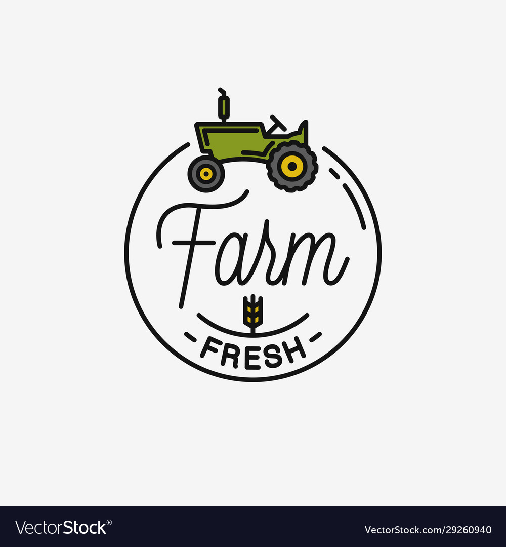 Farm fresh logo round linear tractor Royalty Free Vector