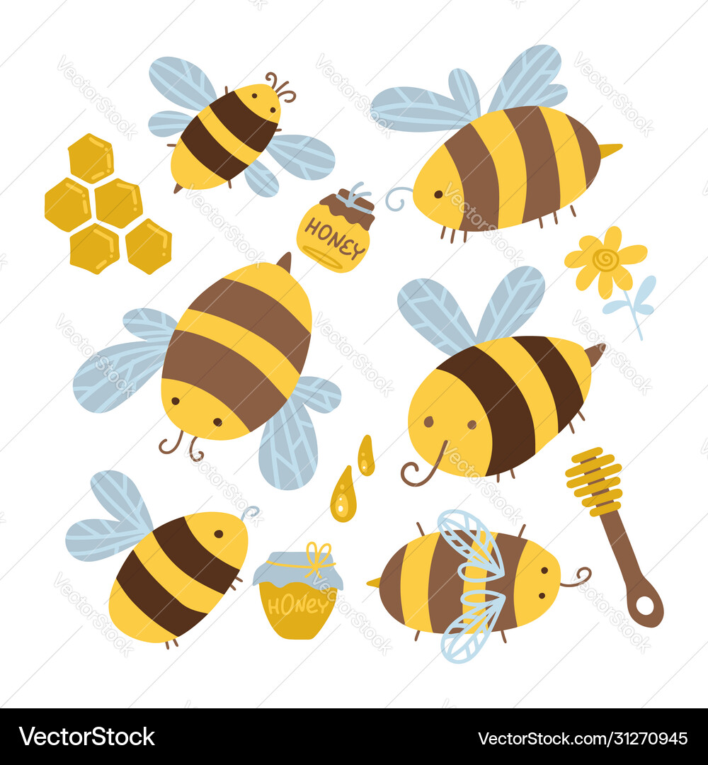 Many characters cute yellow and black bees set Vector Image