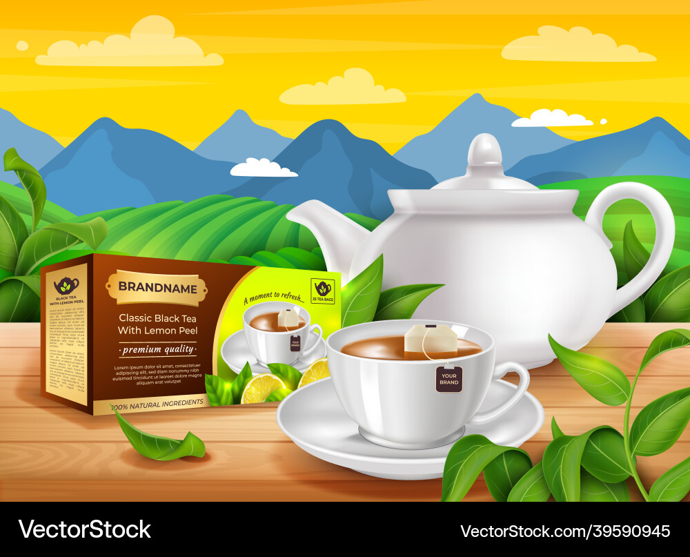 Realistic detailed 3d classic black tea with lemon