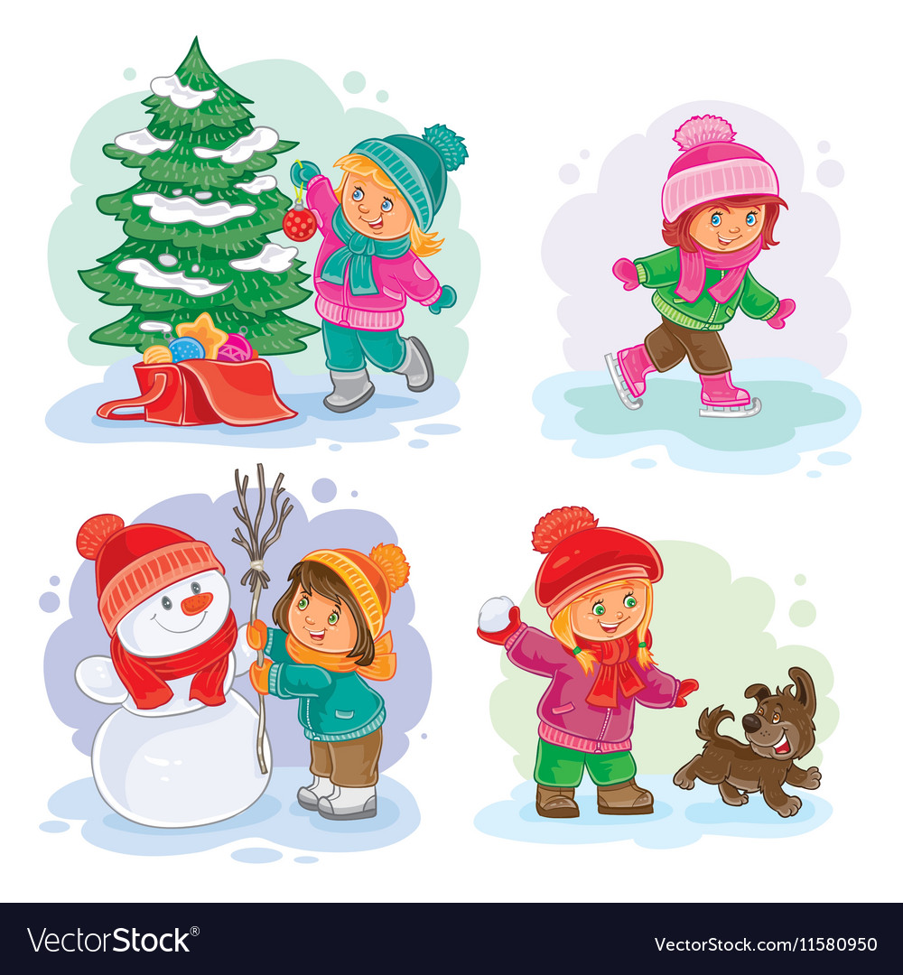 Set winter icons with little children Royalty Free Vector