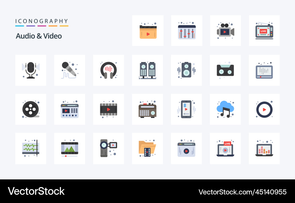 25 audio and video flat color icon pack Royalty Free Vector
