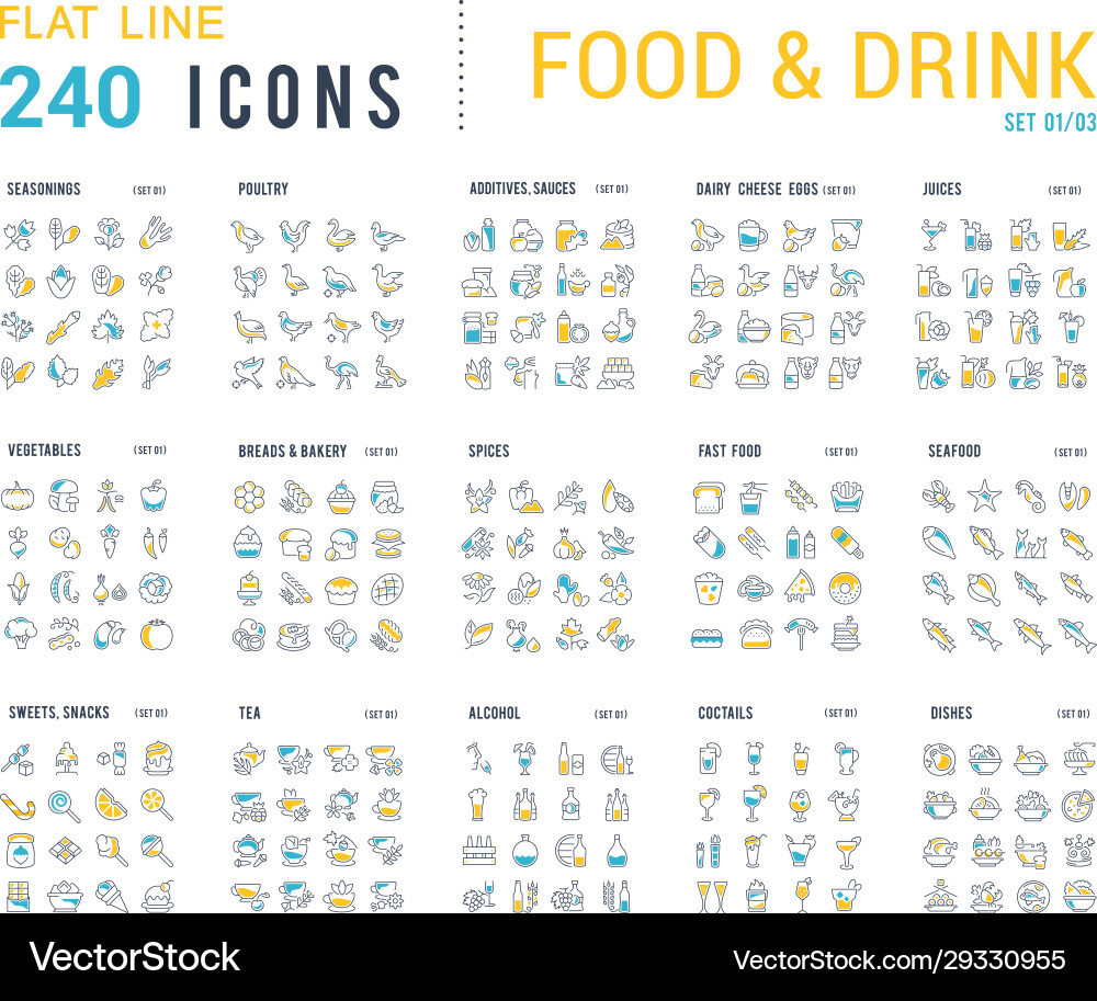 Collection linear icons food and drinks Royalty Free Vector