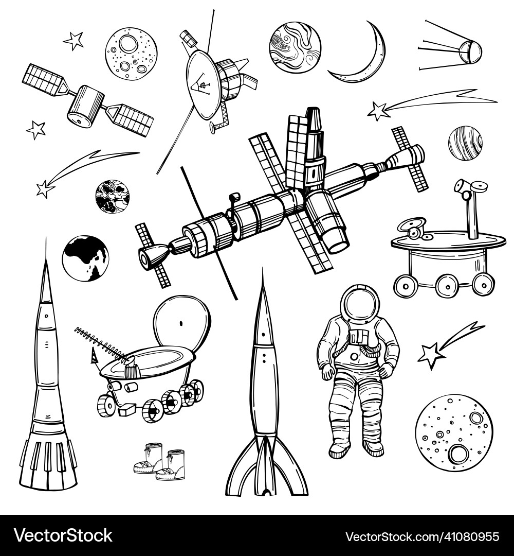 Space objects planets comets rocketssketch Vector Image
