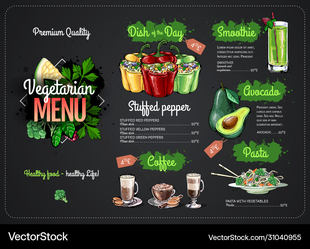 Vegetarian menu design with vegan meals Royalty Free Vector