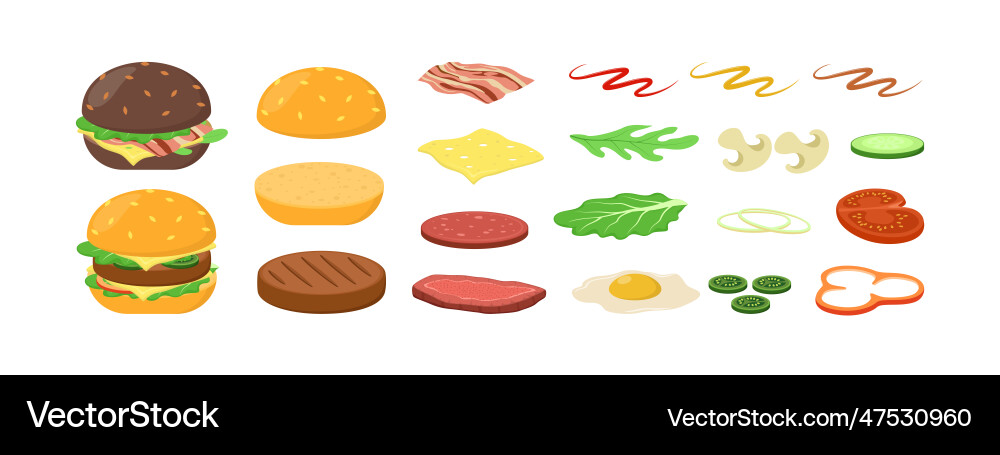 Cartoon burger ingredients flat icon collection Vector Image