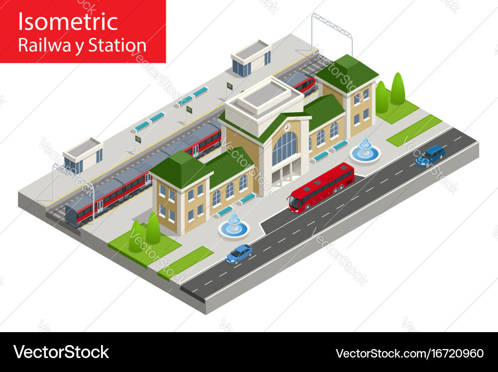 Isometric train station building with passenger Vector Image