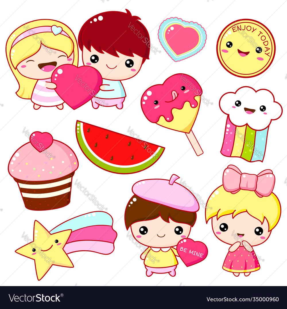 Set cute valentines day icons in kawaii style Vector Image