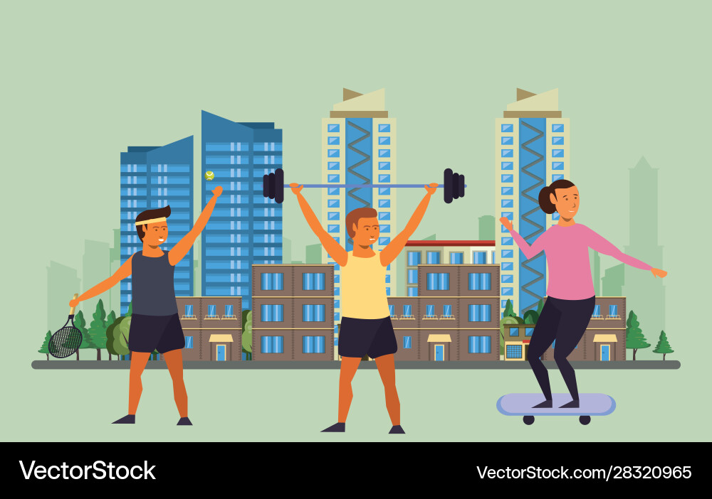Athletes practicing sports on city Royalty Free Vector Image