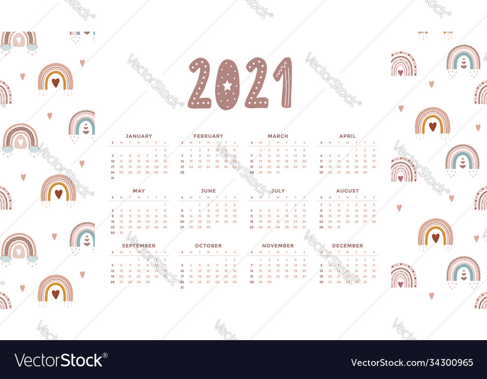 Cute calendar 2021 with boho rainbow for children Vector Image