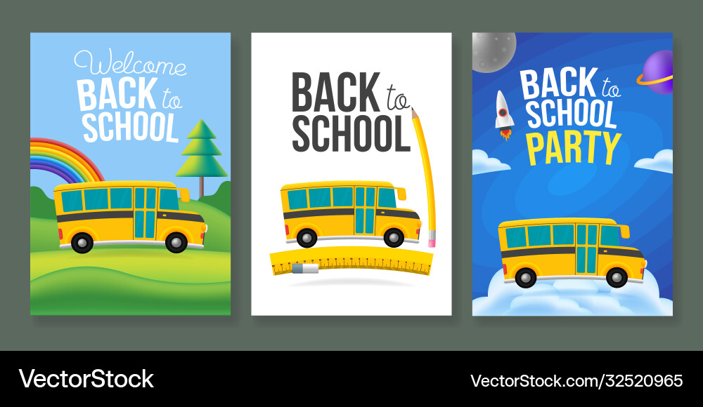 Cute cartoon school bus poster template set back Vector Image