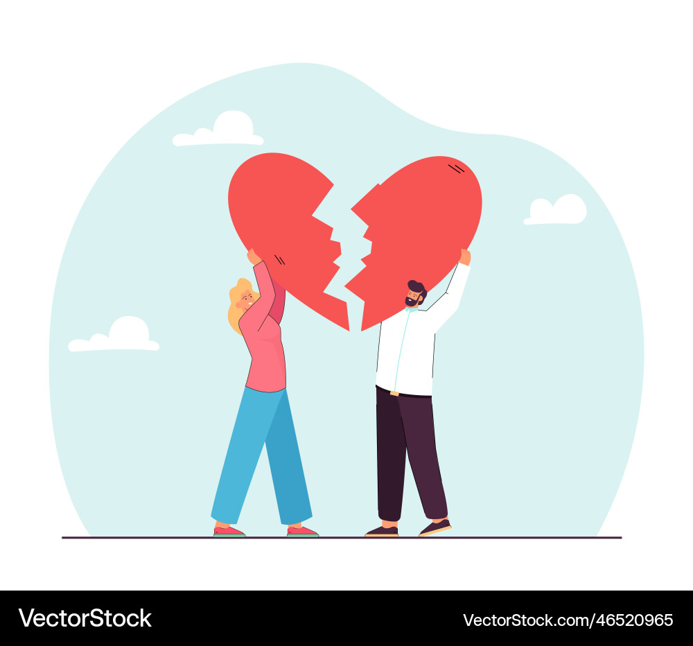 Happy tiny cartoon couple holding two halves Vector Image