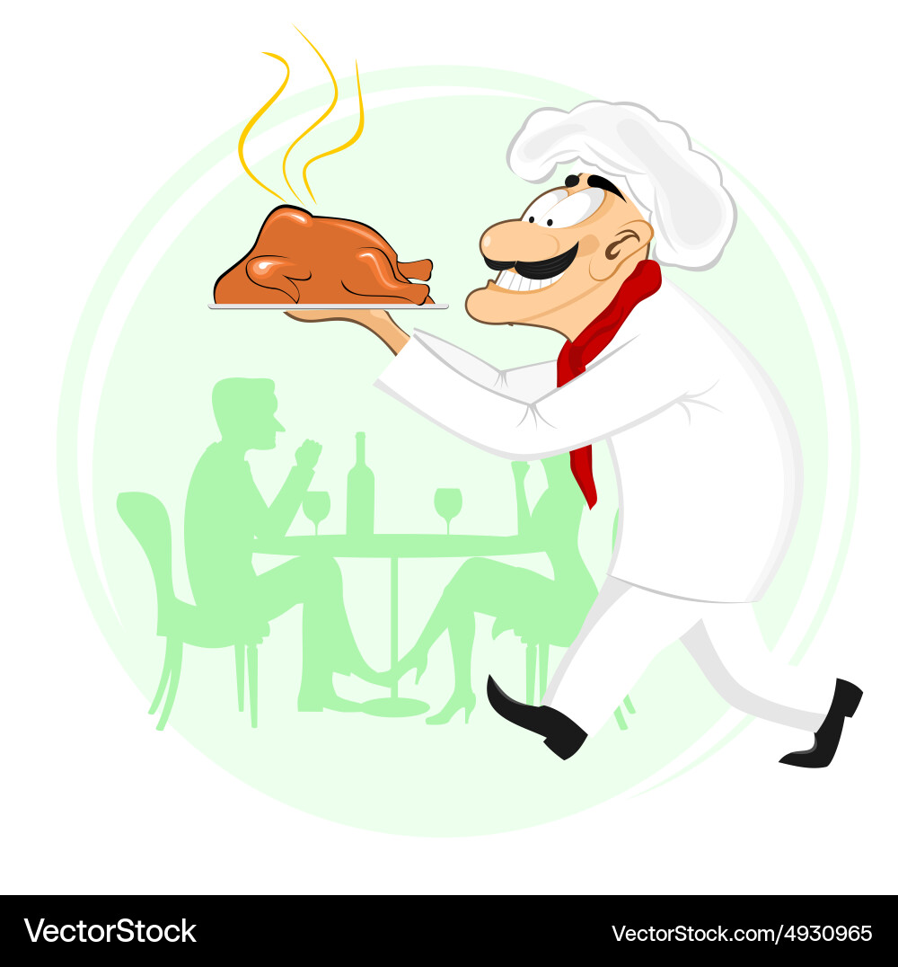 Smiling cook holding plate with roast chicken Vector Image
