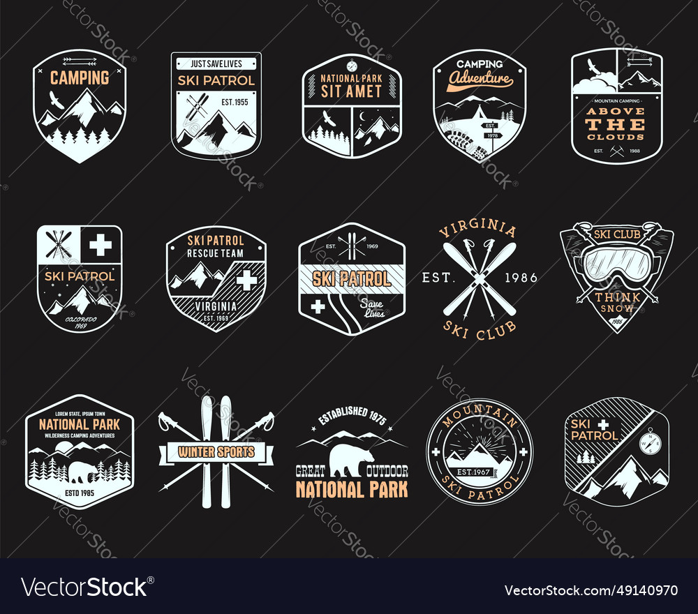 Camping adventures badges set designs Royalty Free Vector