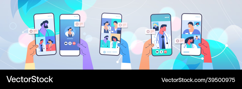 Patients discussing with doctors on smartphone Vector Image