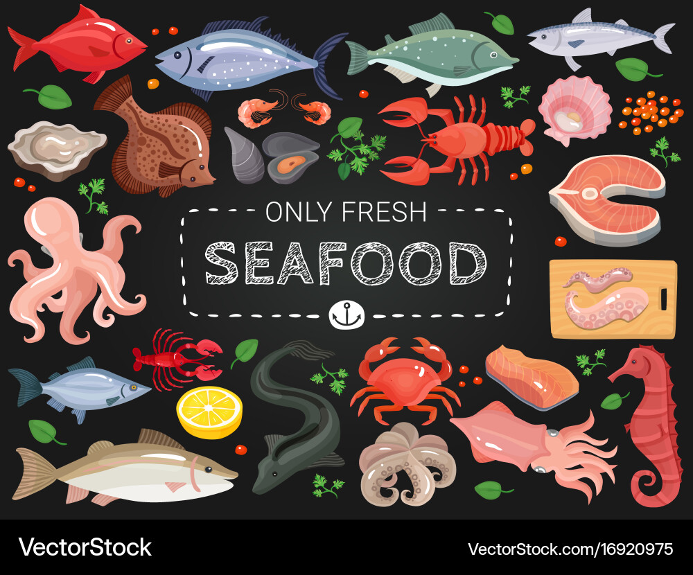 Seafood colorful chalkboard menu poster Royalty Free Vector