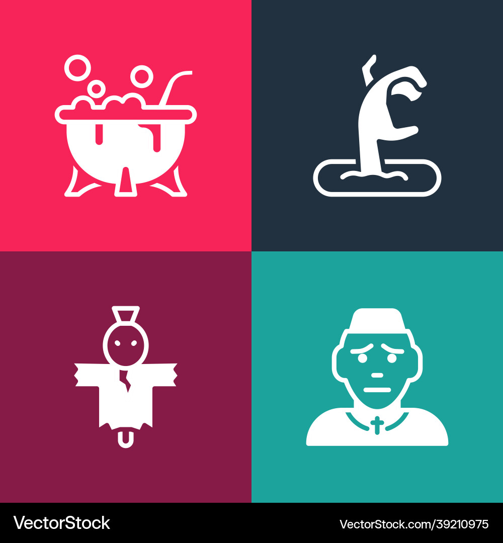 Set pop art priest scarecrow zombie hand Vector Image