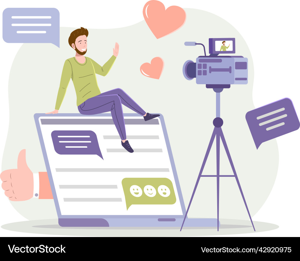 Smiling male vlogger shooting video camera Vector Image