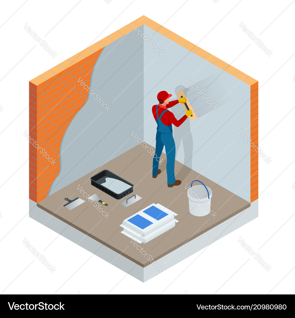 Isometric plasterer renovating indoor walls and Vector Image