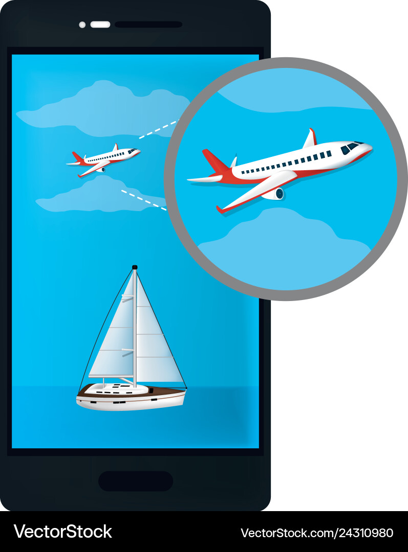 Smartphone technology with airplane and sailboat Vector Image