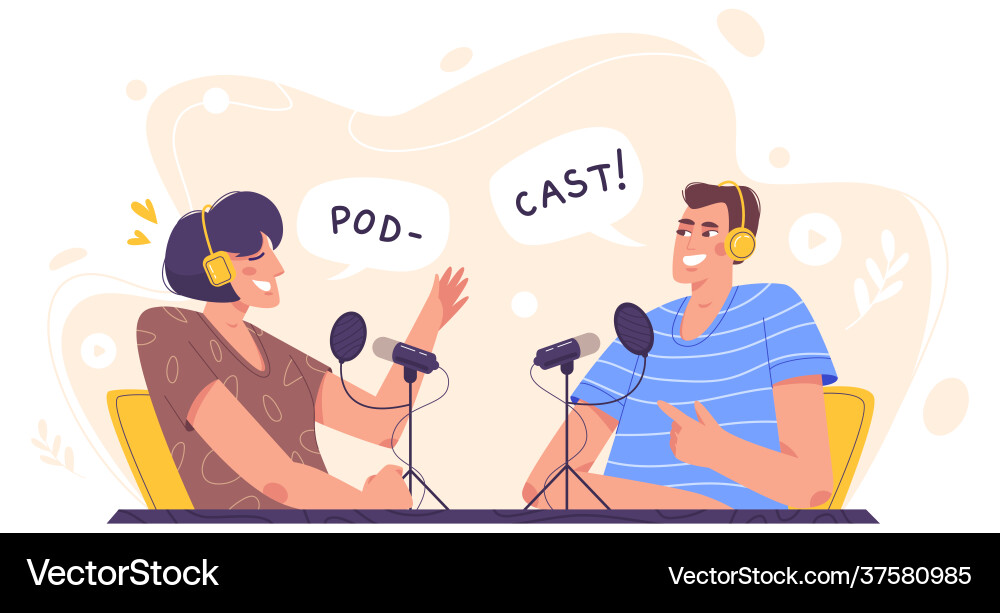 Flat people in studio recording audio podcast Vector Image