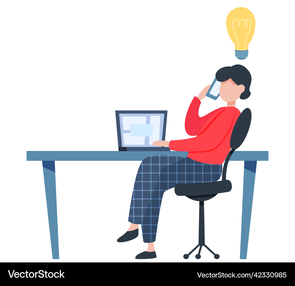 Girl sitting at desk and working on computer Vector Image