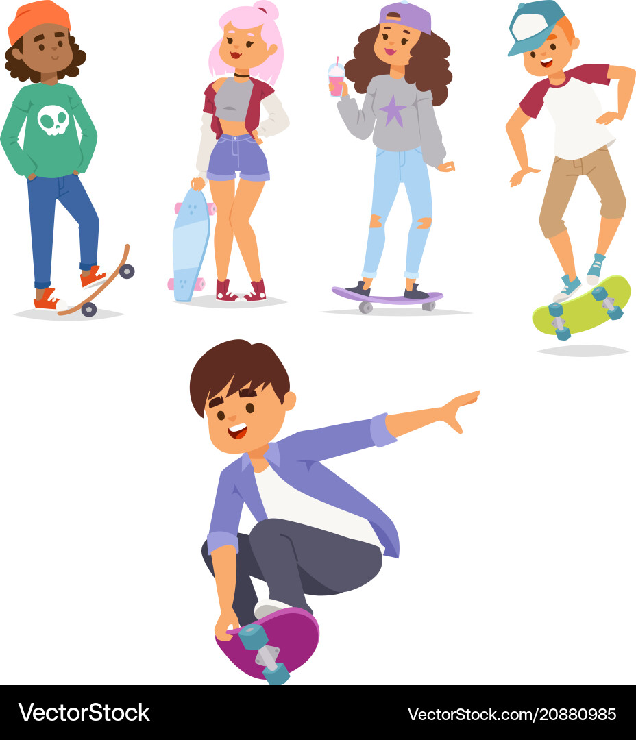 Skateboard characters stylish skating kids Vector Image