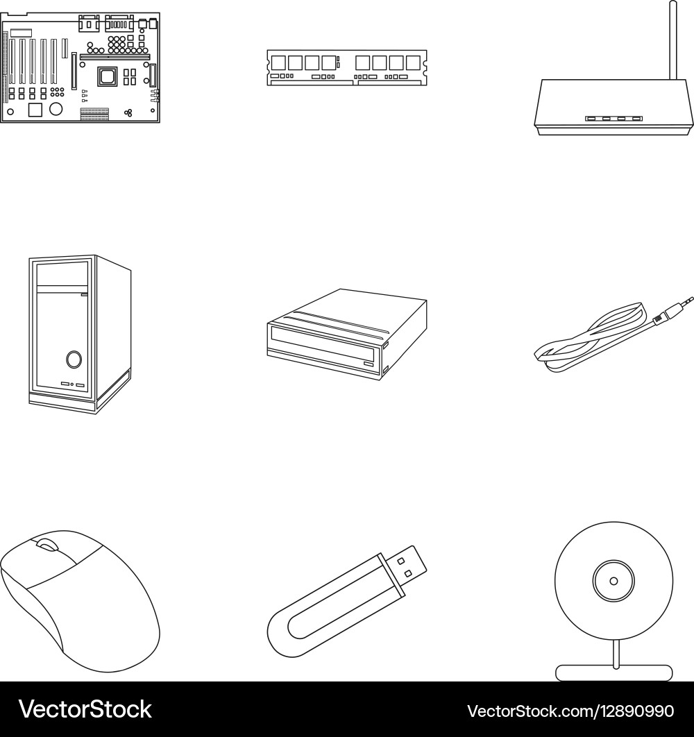 Personal computer set icons in outline style big Vector Image