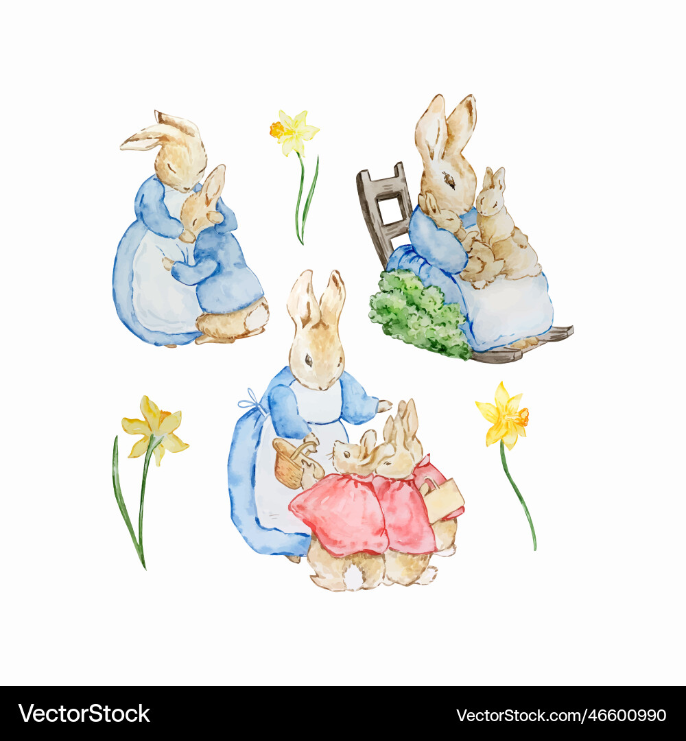 Watercolor cute rabbits in a blue jacket Vector Image