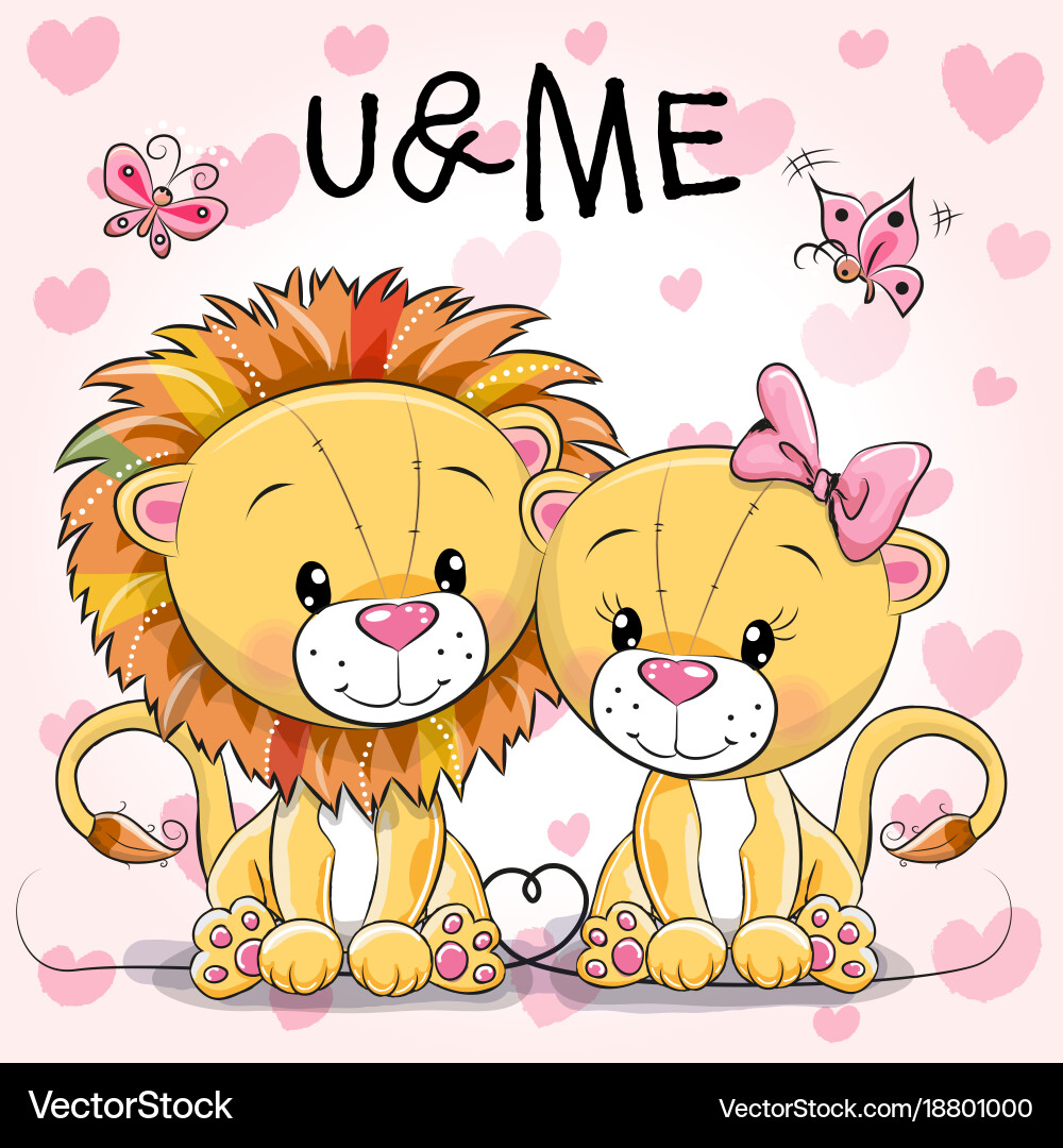 Two cute lions on a hearts background Royalty Free Vector