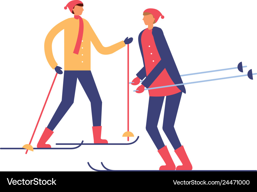 Two men practicing ski in the winter season Vector Image