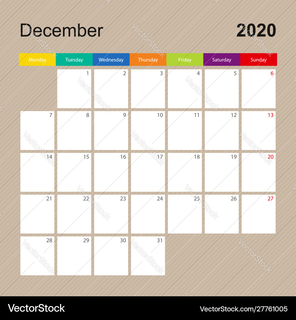 Calendar page for december 2020 wall planner Vector Image