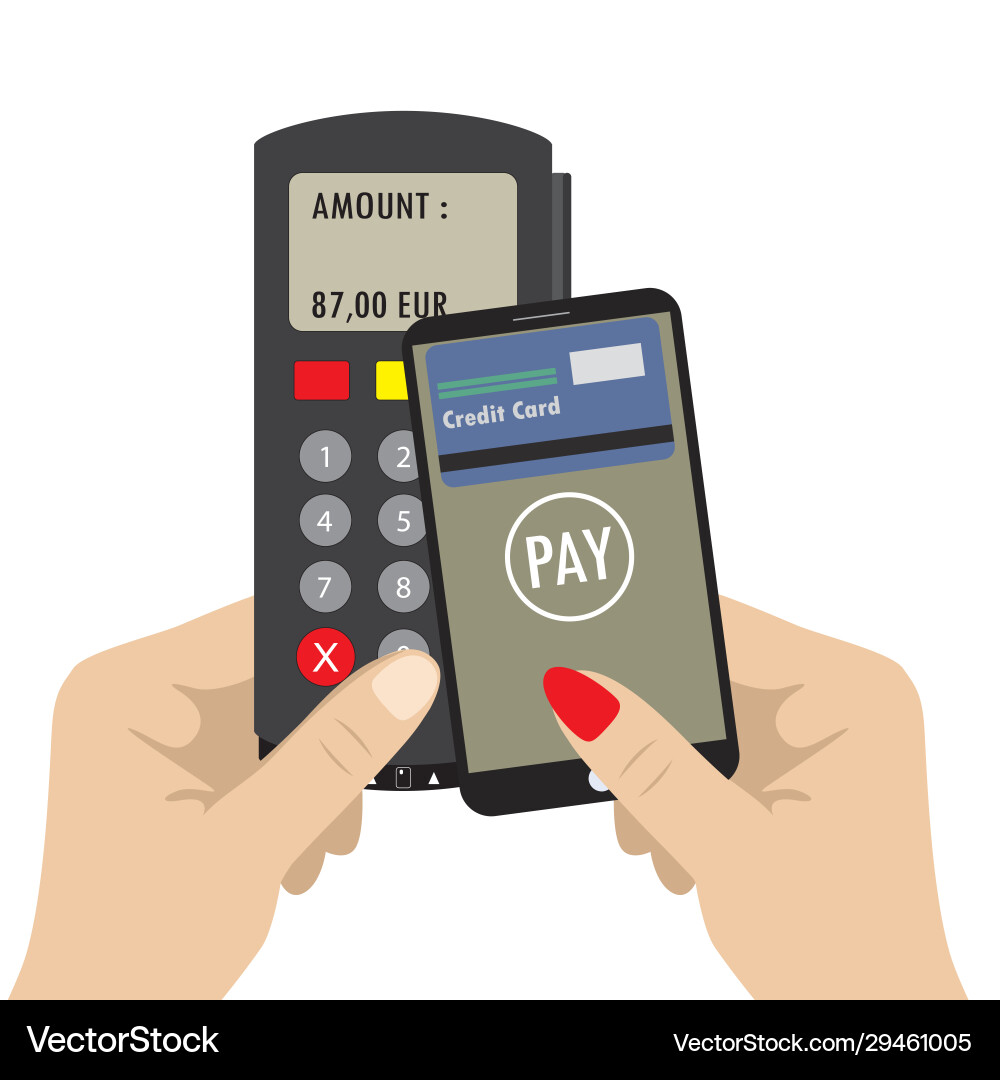 Pos terminal and hand holding smartphone Vector Image