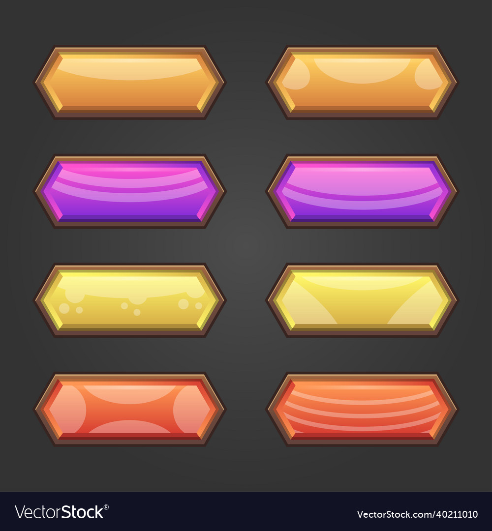 Gem game hexagon buttons with wood frame set Vector Image
