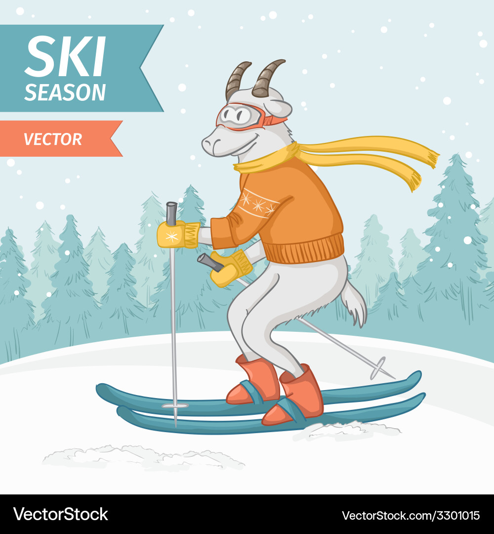 Goat skiing on the background winter forest Vector Image