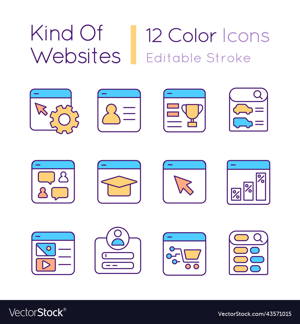 Kind of websites rgb color icons set Royalty Free Vector Kind of websites rgb color icons set Royalty Free Vector