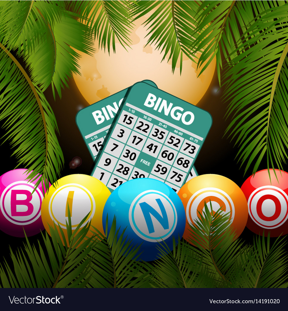 Bingo balls and cards over moon palm trees Vector Image