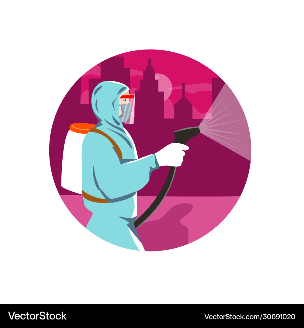 Industrial worker spraying disinfectant retro Vector Image