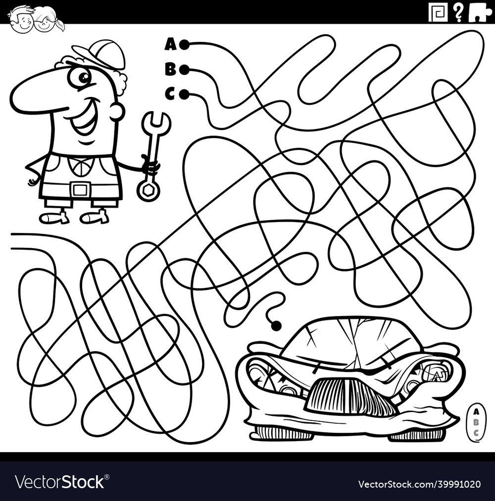 Maze with car mechanic and broken coloring Vector Image