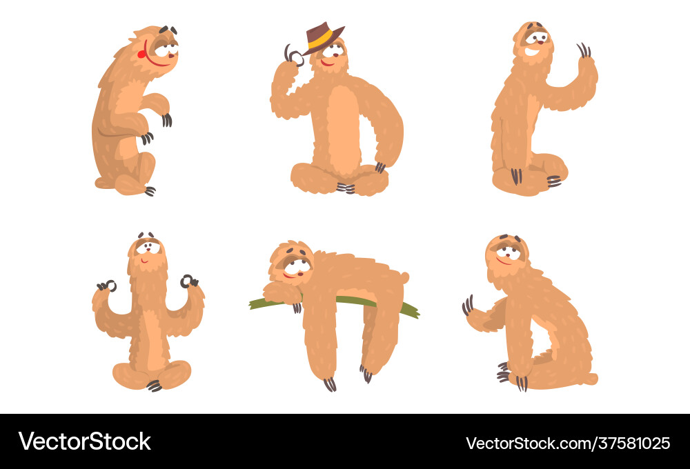 Comic sloth lying in tree and sitting in yoga Vector Image