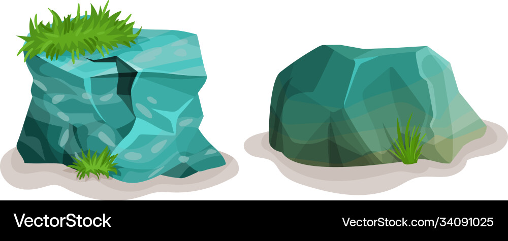 Rocks and stones with green grass set Royalty Free Vector