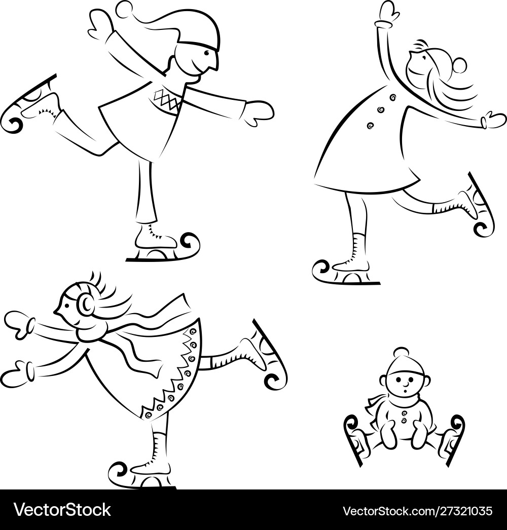 Ice skating characters line art Royalty Free Vector Image