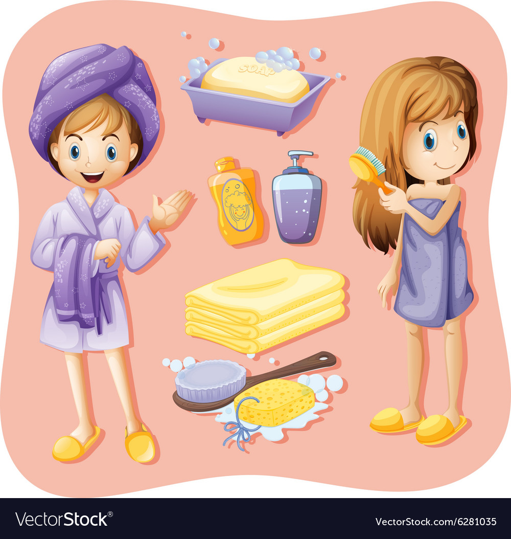 Women In Bathrobe And Bathroom Set Royalty Free Vector Image