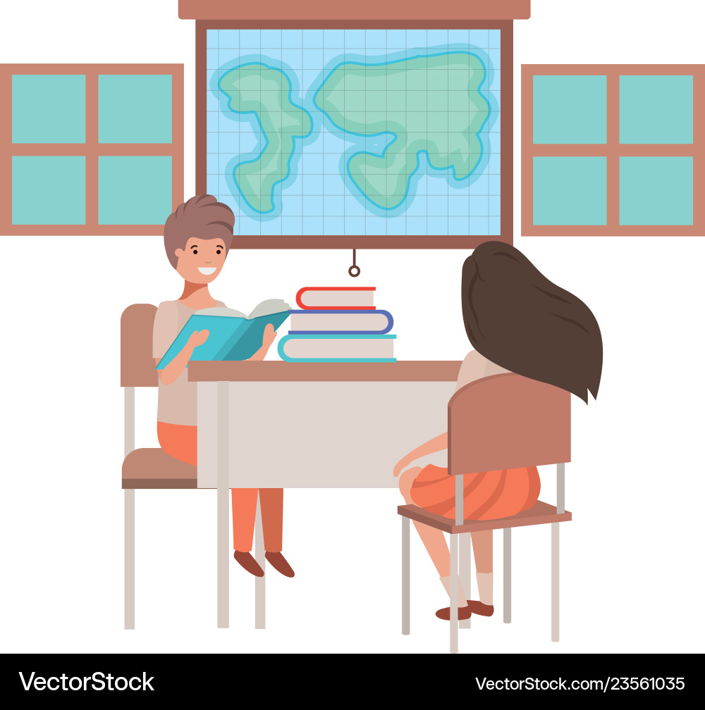 Young students sitting in school desk Royalty Free Vector