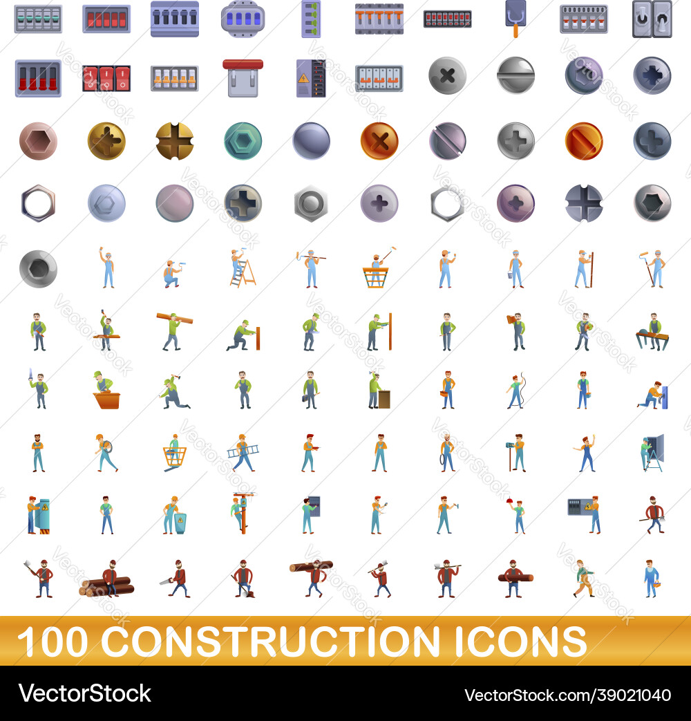 100 construction icons set cartoon style Vector Image