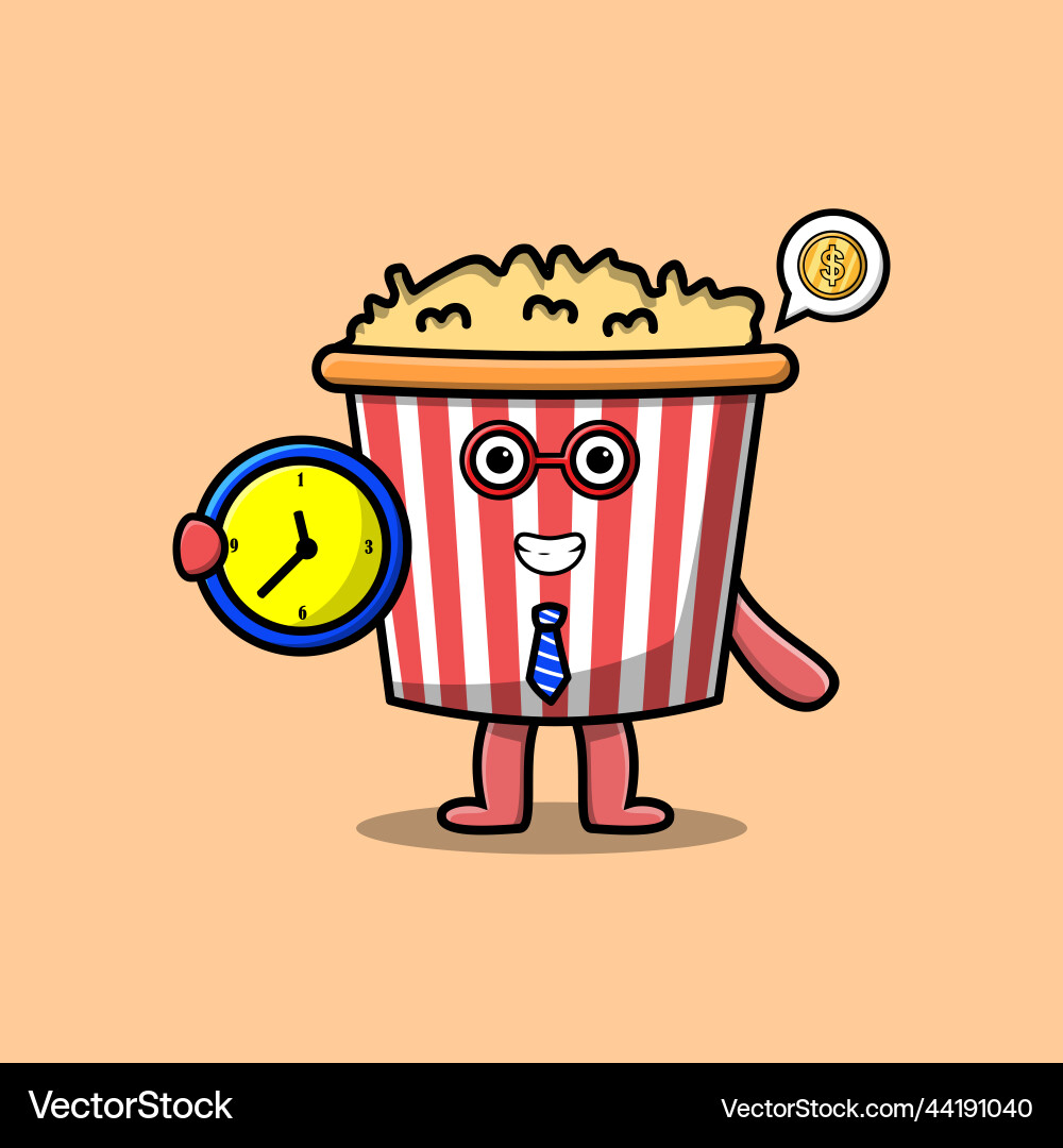 Cute cartoon popcorn character holding clock Vector Image
